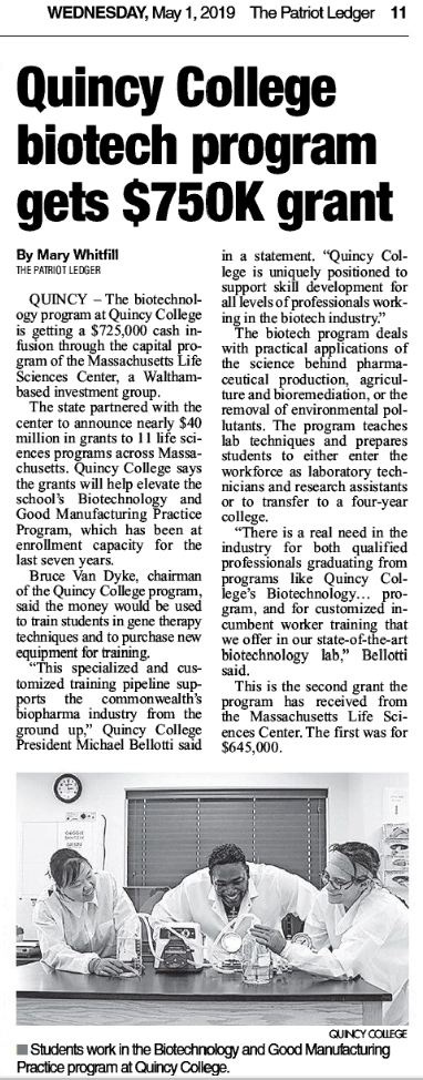 Quincy College biotech program gets $725,000 boost | Quincy College